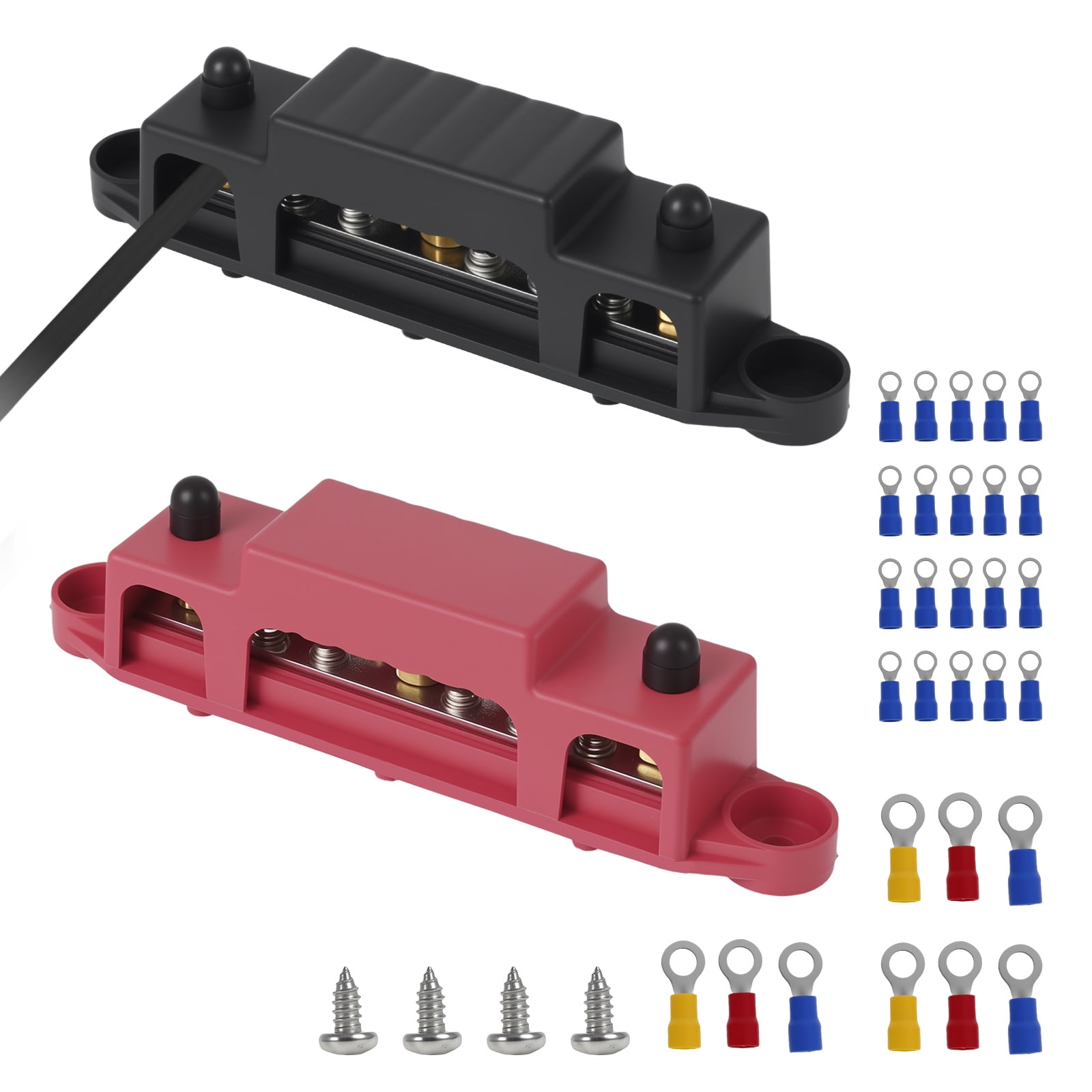2Pcs M6 Stud Busbar Red Black with Insulated Terminal 4 Screw Bus Bar Distribution Block for ...