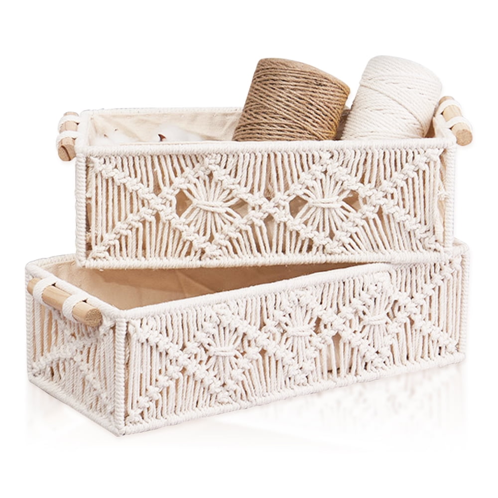 2Pcs Macrame Storage Baskets, White Boho Bathroom Decor Woven Baskets ...