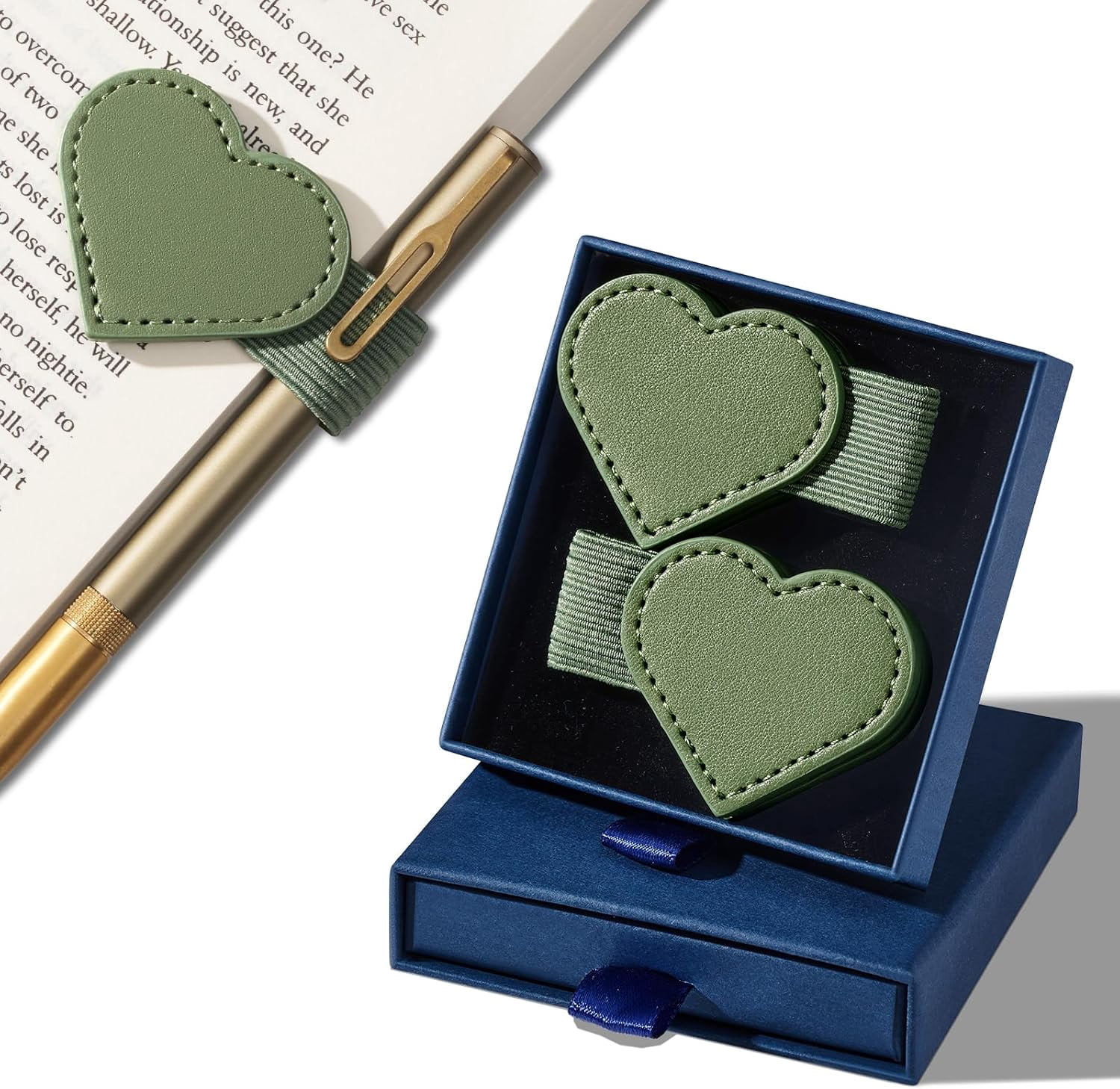 2Pcs Magnetic Leather Bookmarks with Pen Holder Gift Box, Heart-Shaped ...