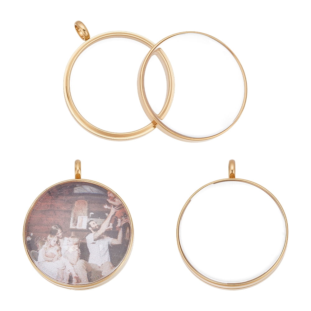 2Pcs Memory Locket Charm Stainless Steel Flat Round Floating Charm with ...