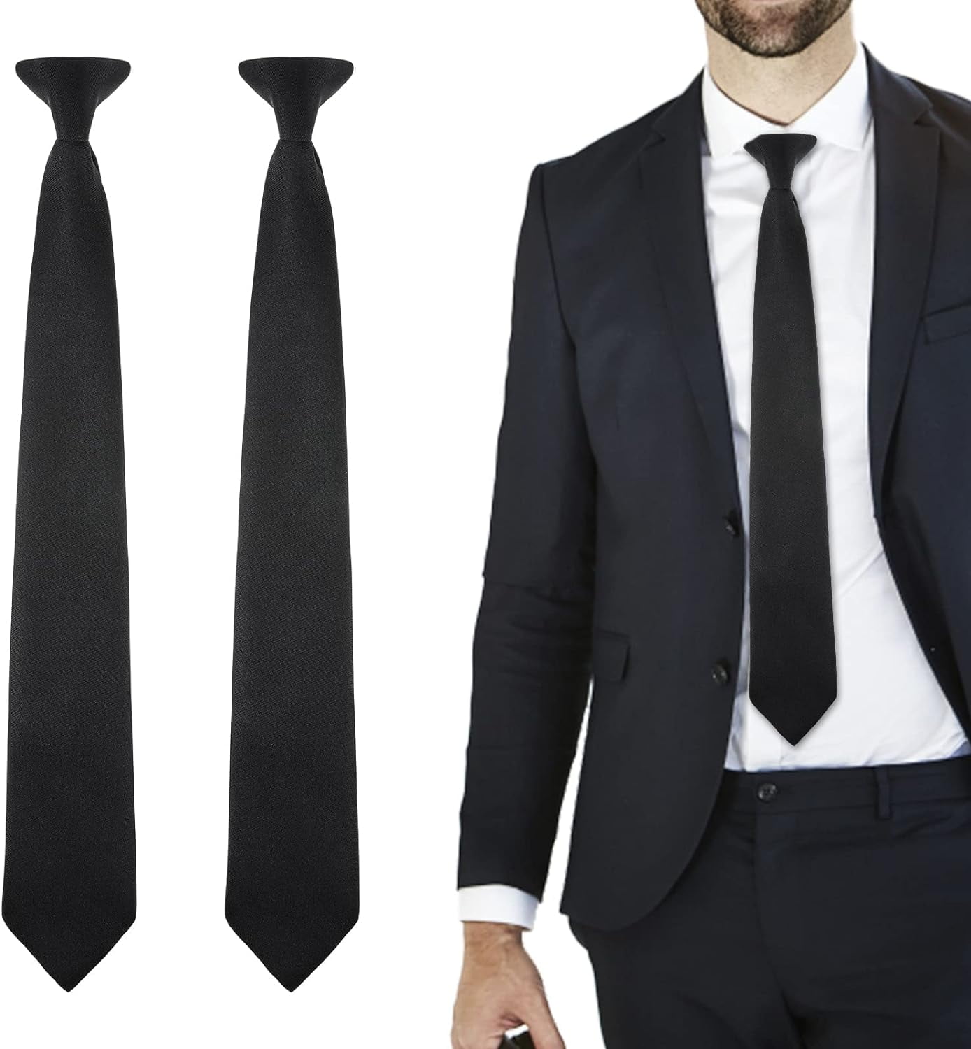 2Pcs Men's Clip on Ties Black Tie, 20 Inches Solid Color Clip on Ties ...