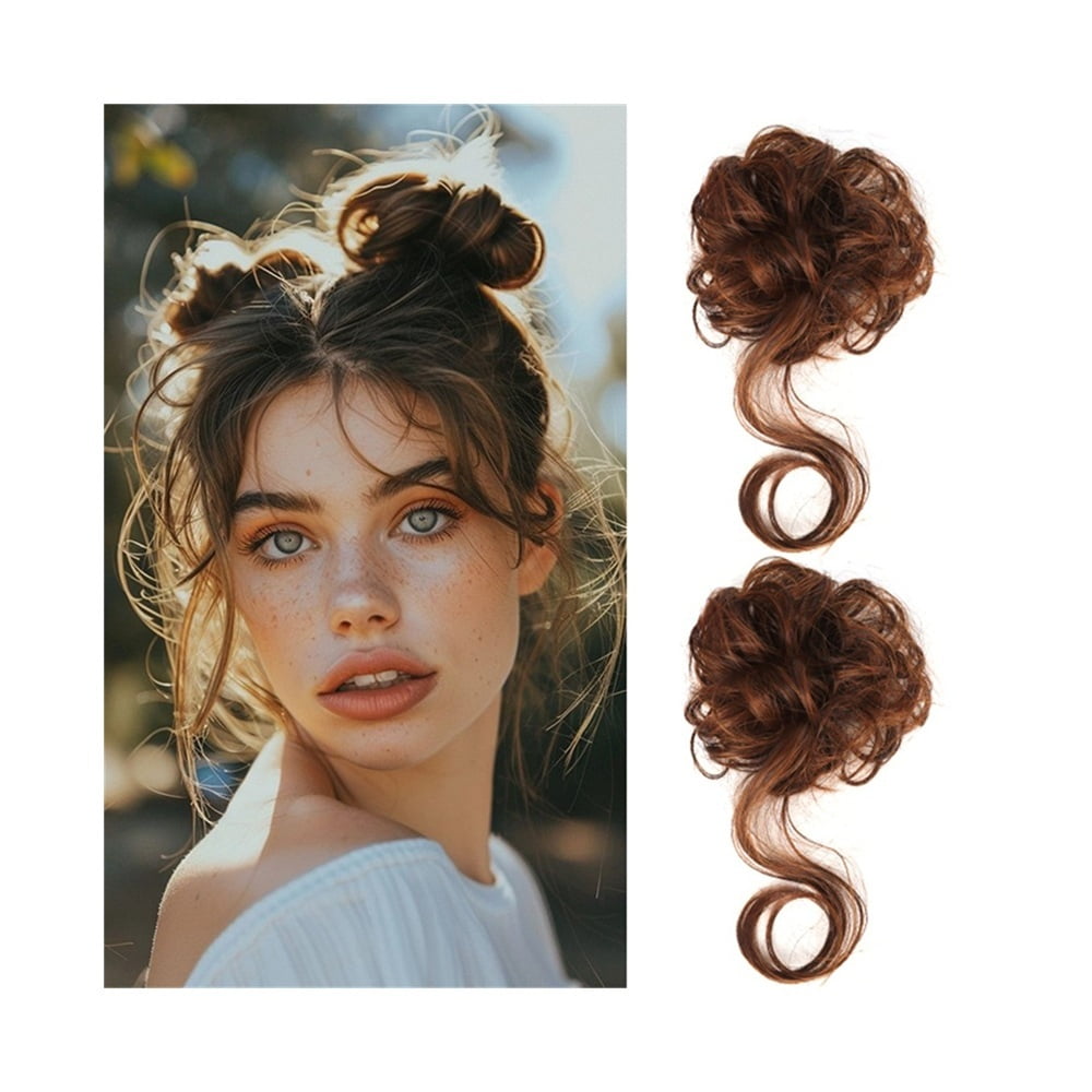 2Pcs Messy Bun Hair Piece Tousled Updo with Tendrils Synthetic Wavy ...