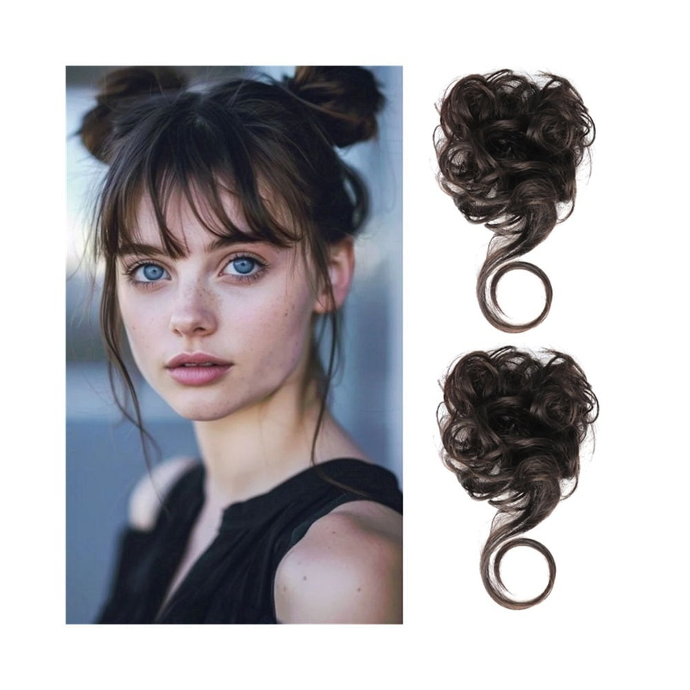 2Pcs Messy Bun Hair Piece Tousled Updo with Tendrils Synthetic Wavy ...