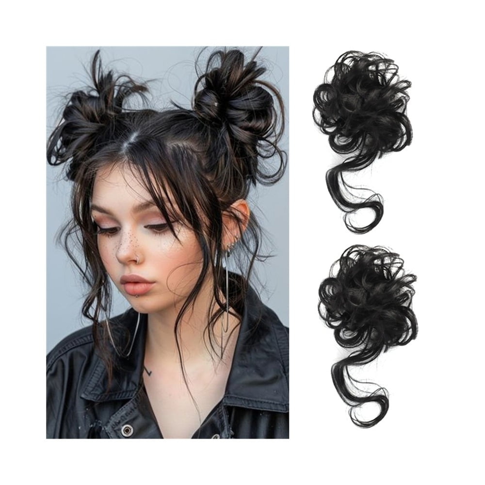 2Pcs Messy Bun Hair Piece Tousled Updo with Tendrils Synthetic Wavy ...