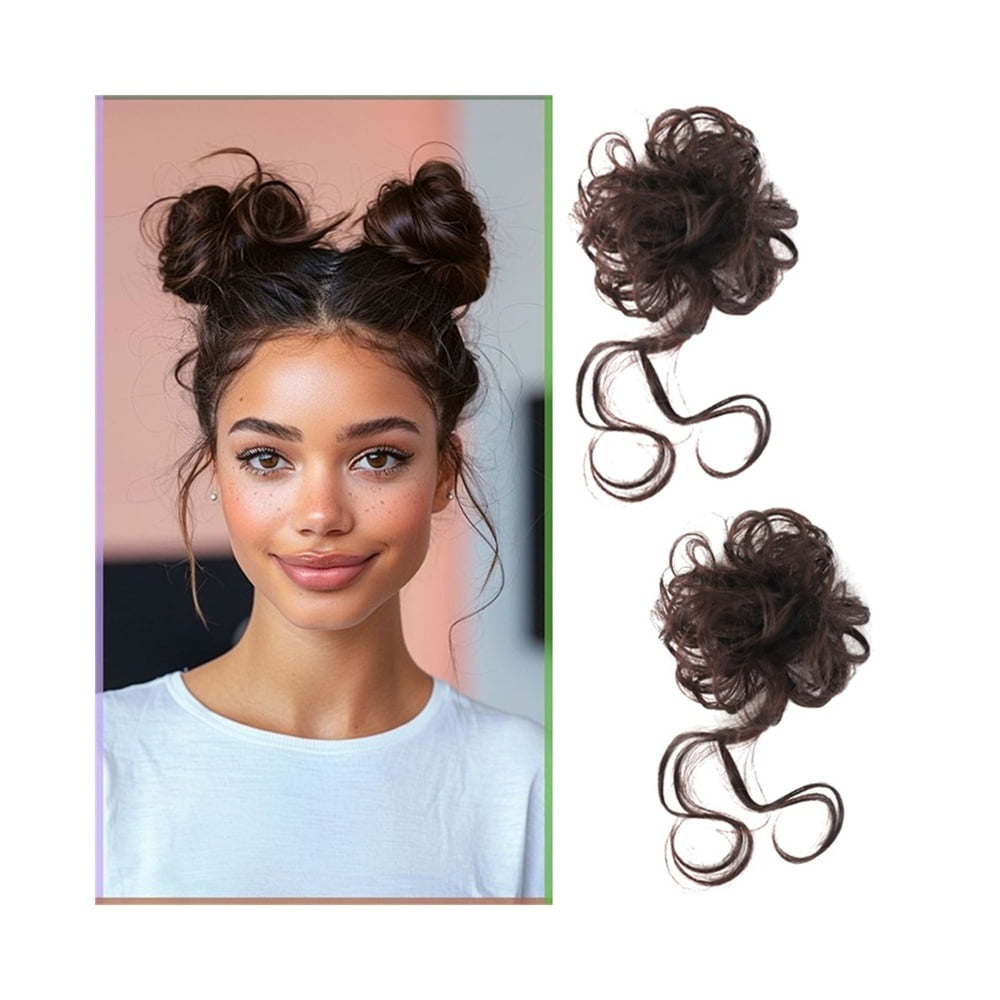 2Pcs Messy Bun Hair Piece Tousled Updo with Tendrils Synthetic Wavy ...