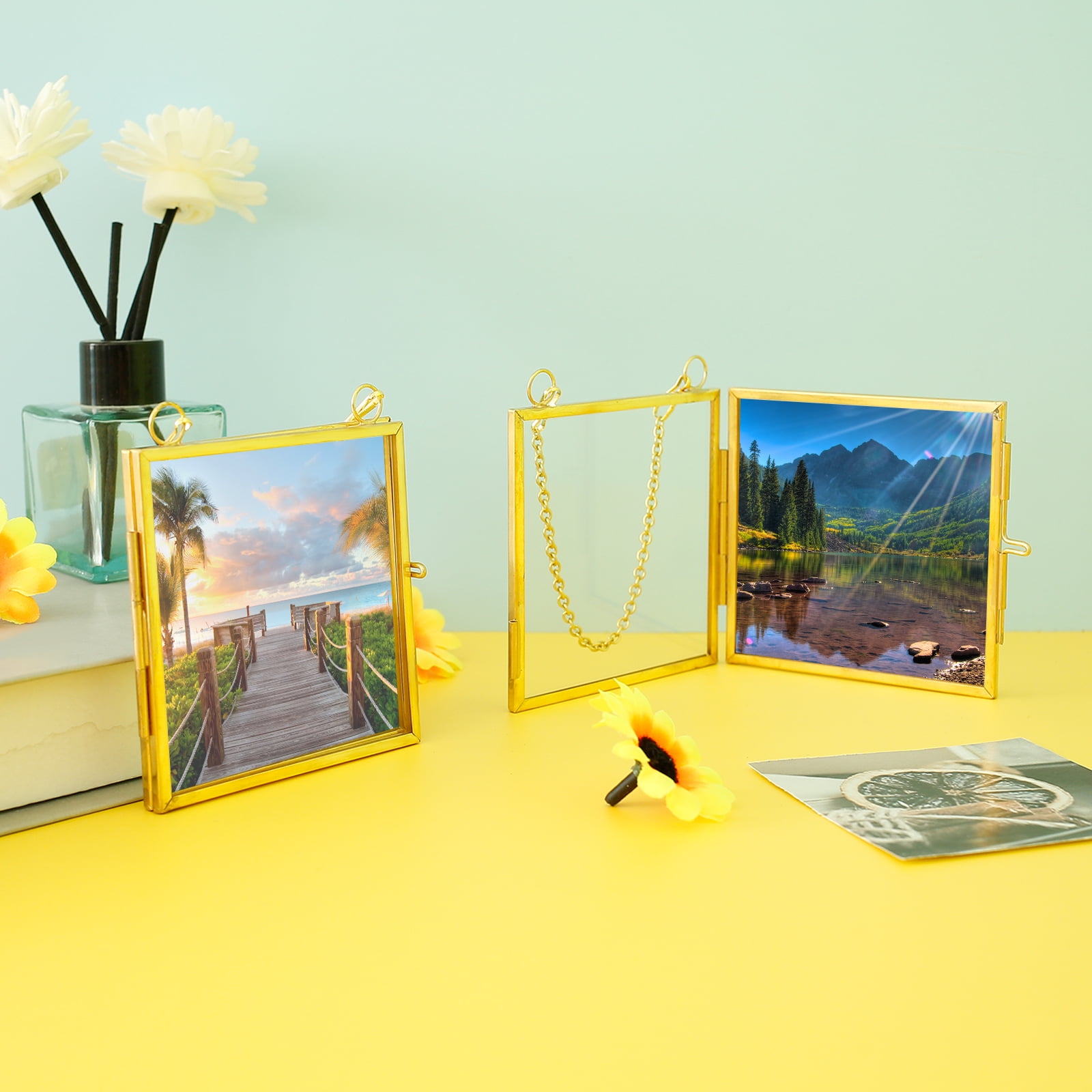 2Pcs Metal Glass Square Hanging Mini Photo Frames Double Sided Picture ...