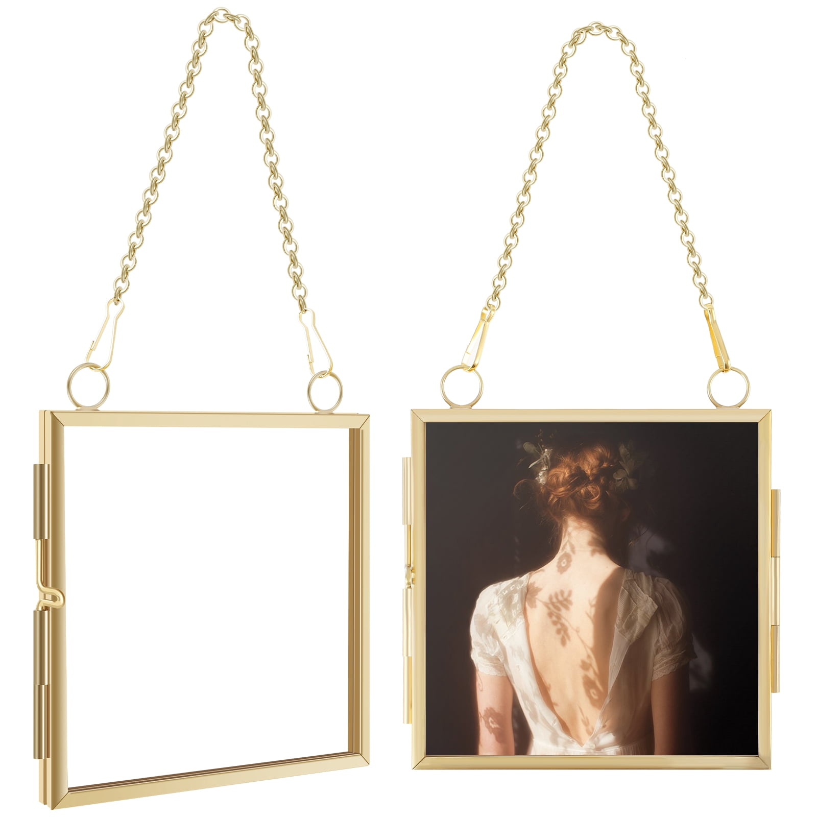 2Pcs Metal Mini Photo Frames Glass Square Hanging Double Sided Picture ...