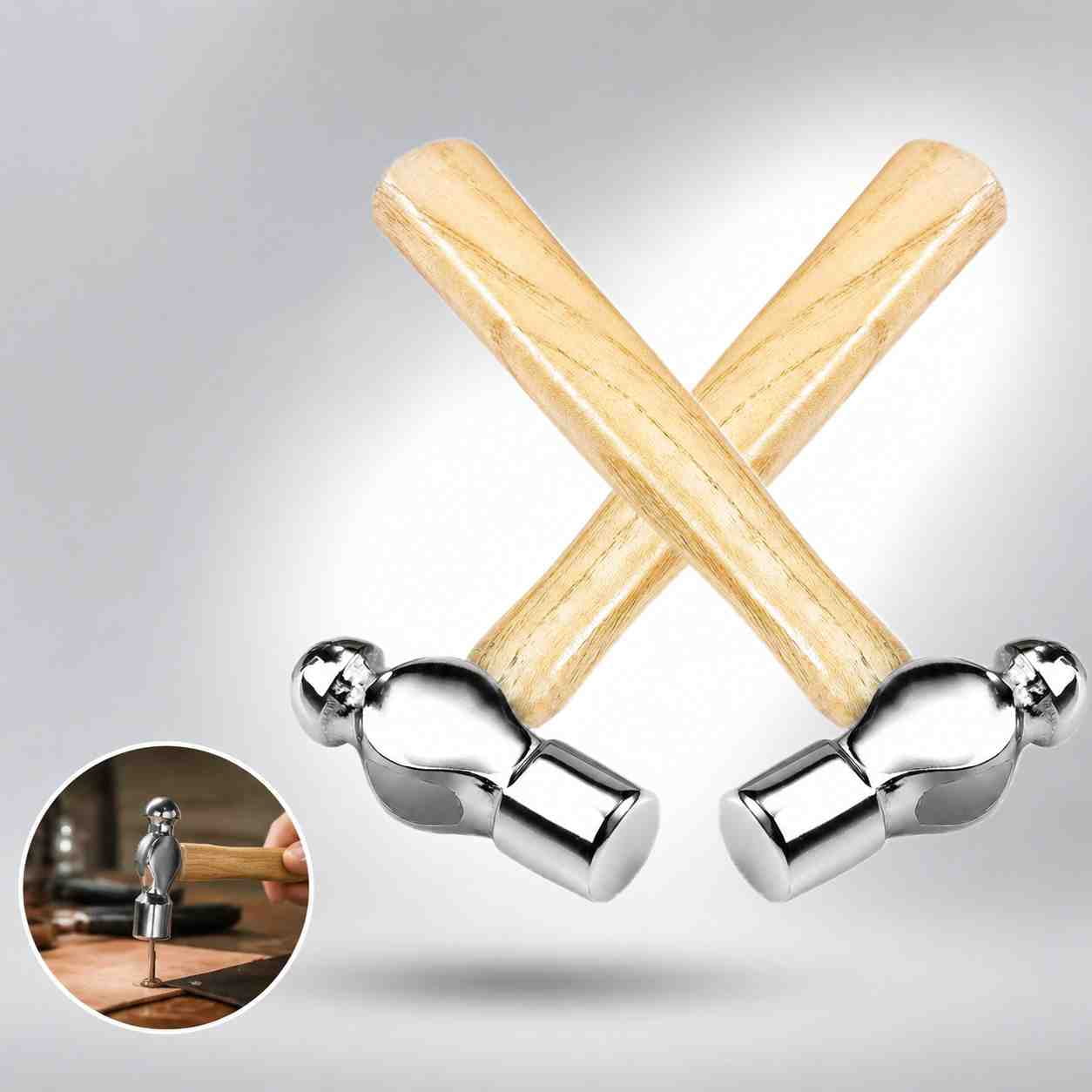 2Pcs Mini Round Head Hand Hammer, 6" Wooden Grip Small Ball Peen Hammer ...
