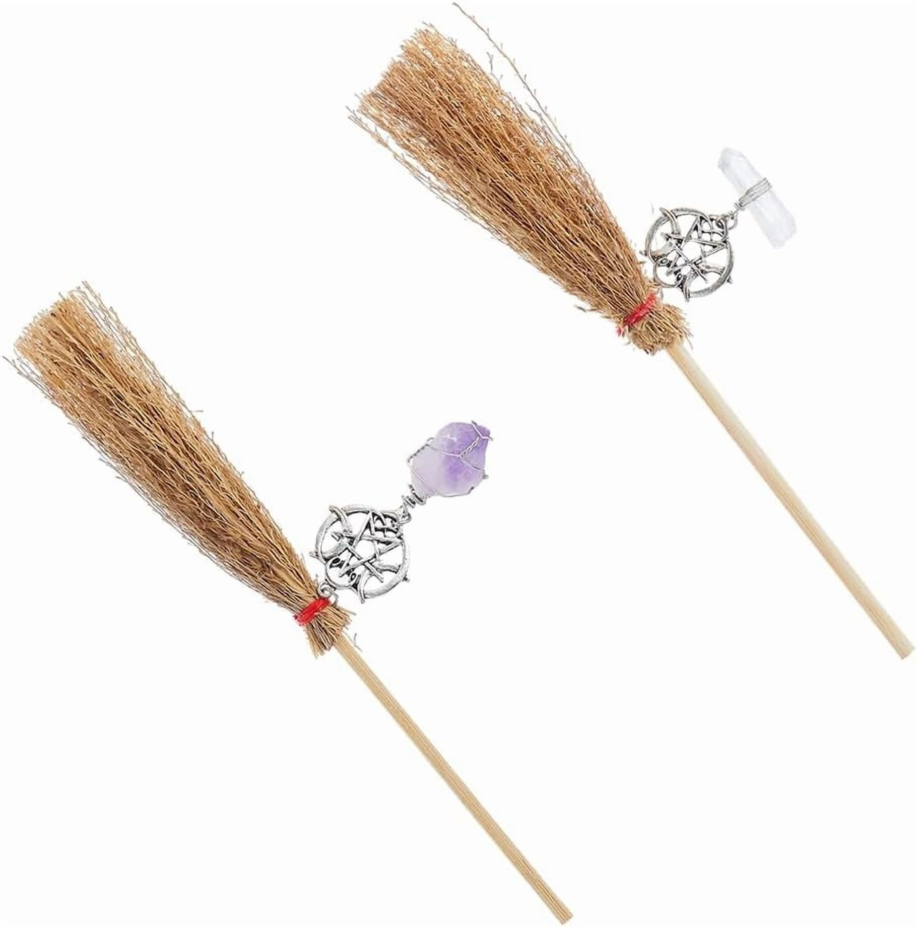 2Pcs Mini Straw Brooms with Charms 16.5cm Witches Tiny Brooms Straw ...