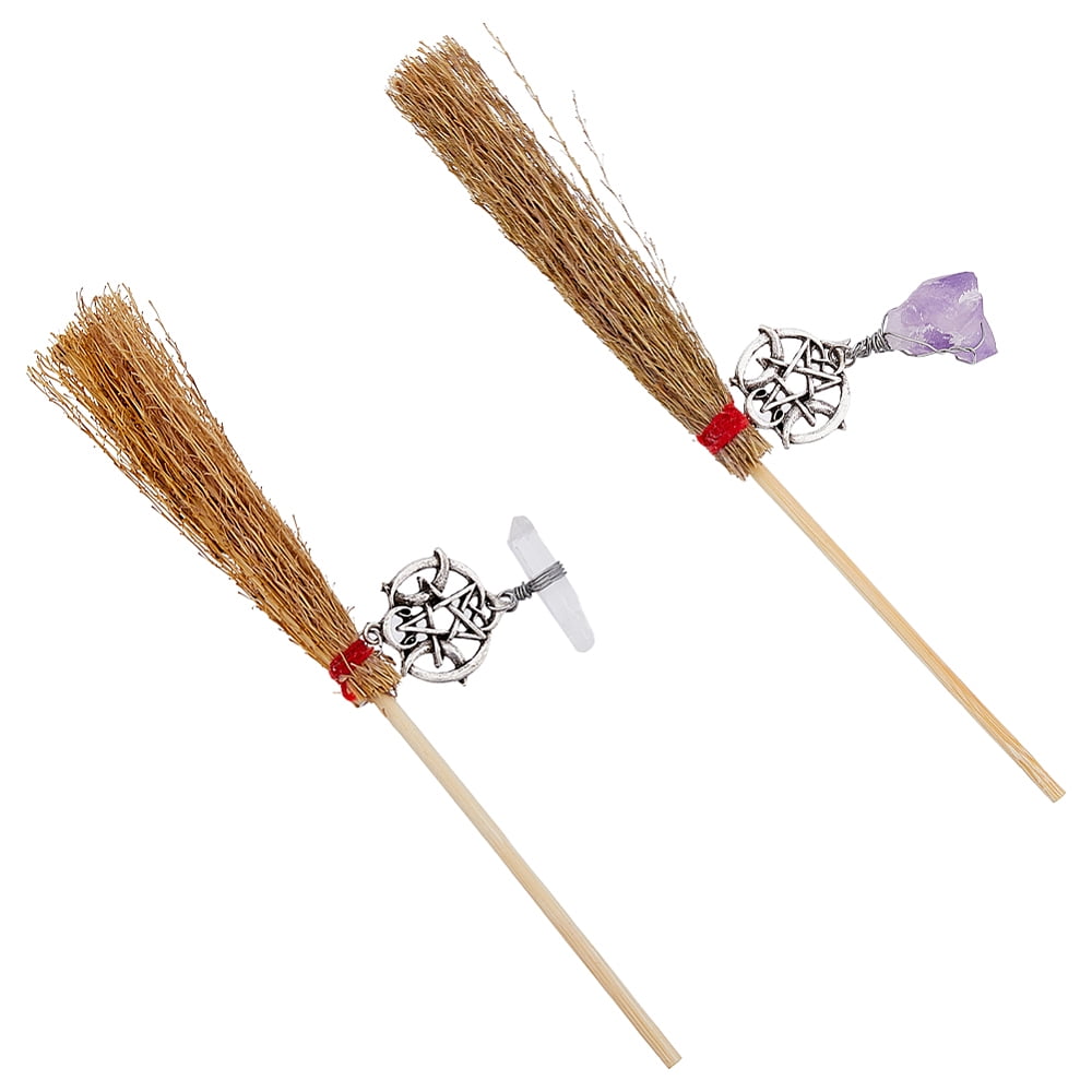 2Pcs Mini Straw Brooms with Charms 16.5cm Witches Tiny Brooms Straw ...