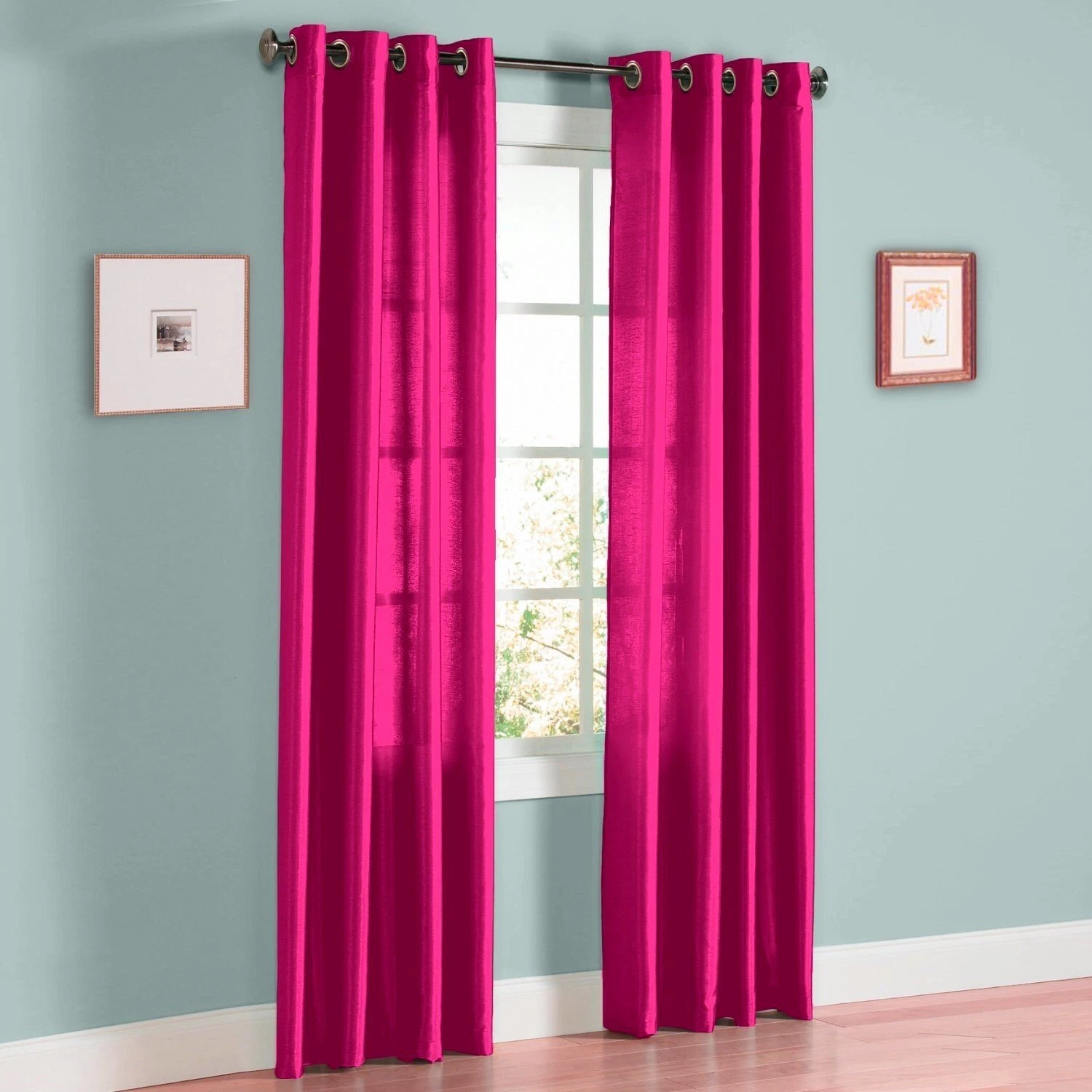 2Pcs Mira Hot Pink Solid Grommet Faux Silk Window Curtains Panels 63 ...
