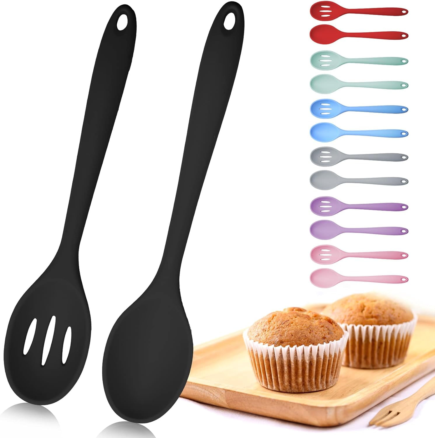 2Pcs Mixing Spoons, Silicone Slotted Spoon, Silicone Spoons for Cooking ...
