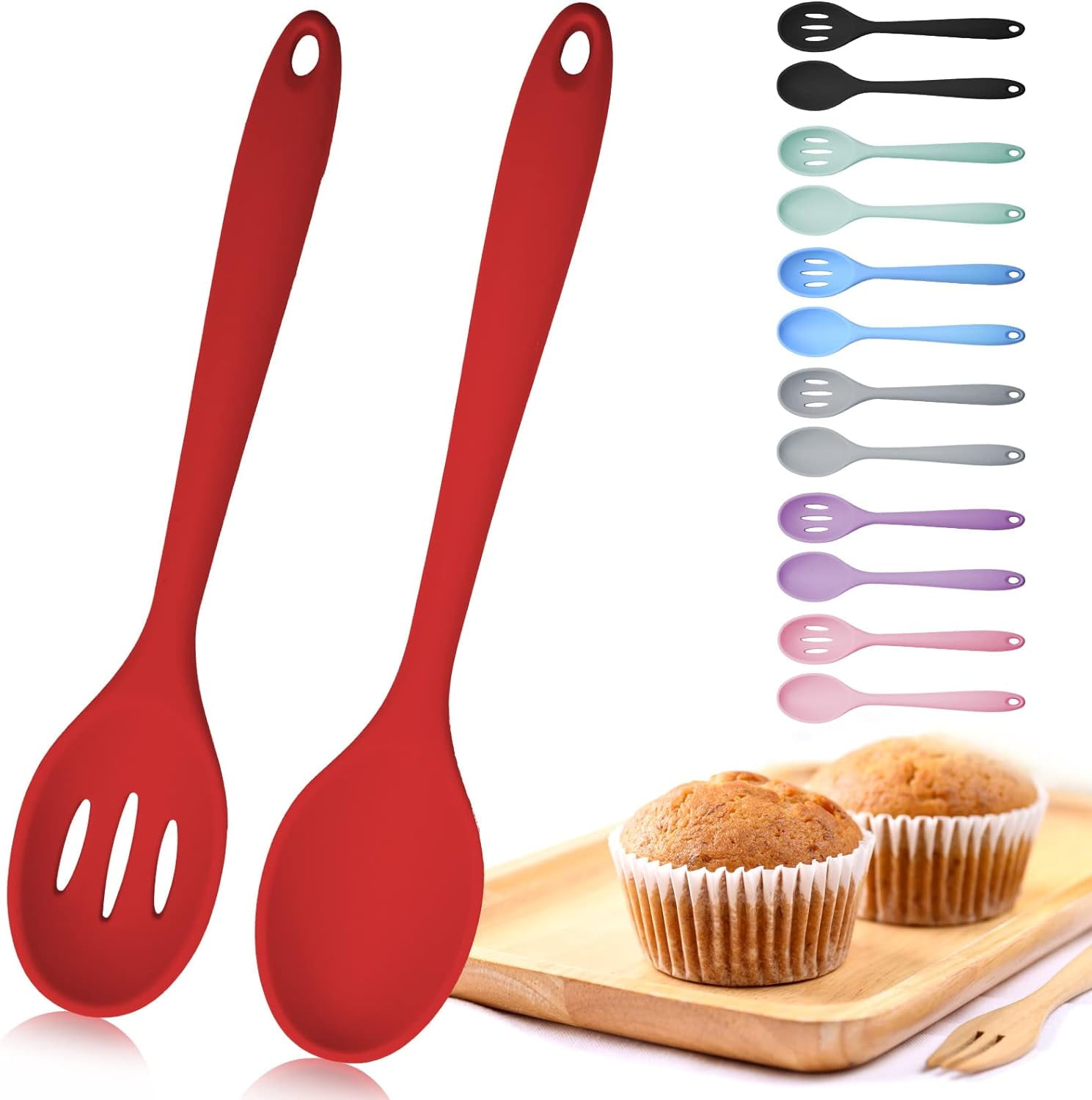 2Pcs Mixing Spoons, Silicone Slotted Spoon, Silicone Spoons for Cooking ...
