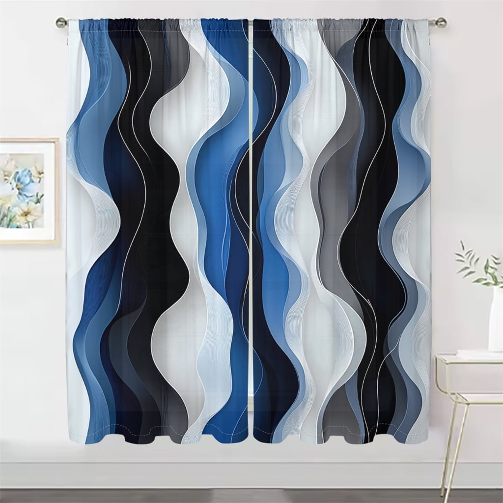 2Pcs Modern Wave Curtains 3D Blue White Black Curve Pattern Living Room ...