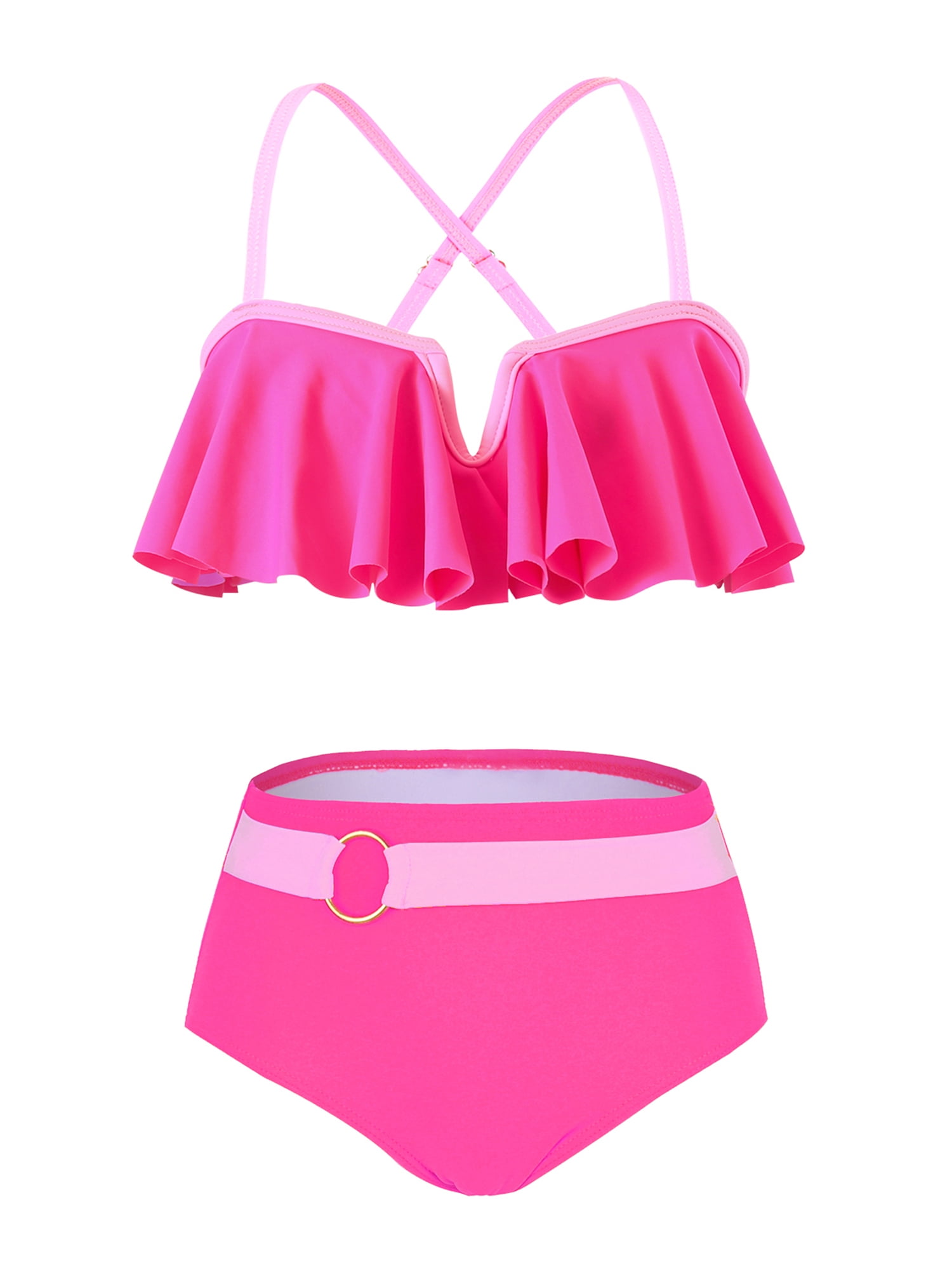 2Pcs Mommy and Me Swimsuit Contrast Color Leaves Print Ruffled Bra with Briefs Family Matching ...