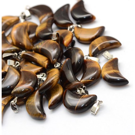 2Pcs Moon Natural Tiger Eye Pendants Charm Pendant with Platinum Tone ...