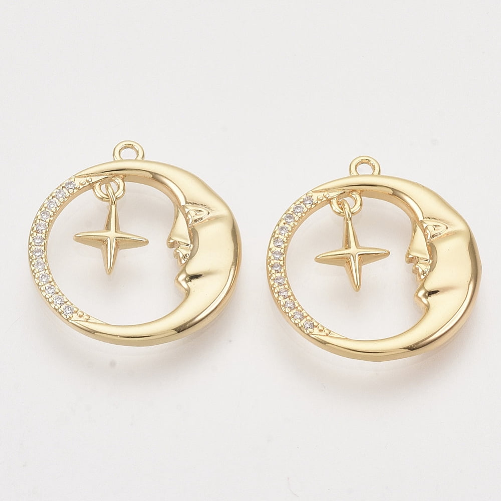2Pcs Moon and Star Charms Brass Micro Pave Clear Cubic Zirconia ...
