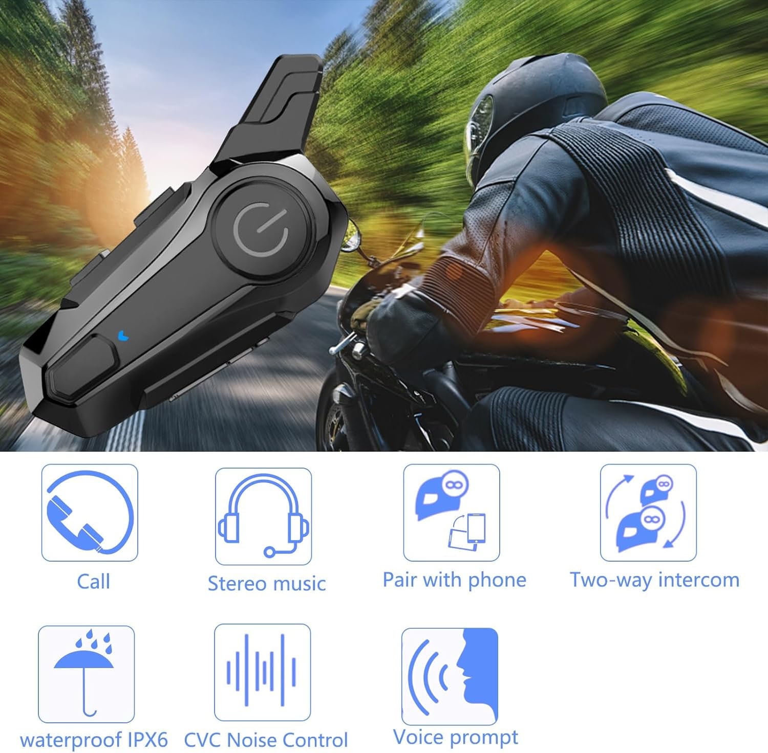 2Pcs Motorcycle Bluetooth Headset, IPX6 Waterproof, with CVC Noise ...