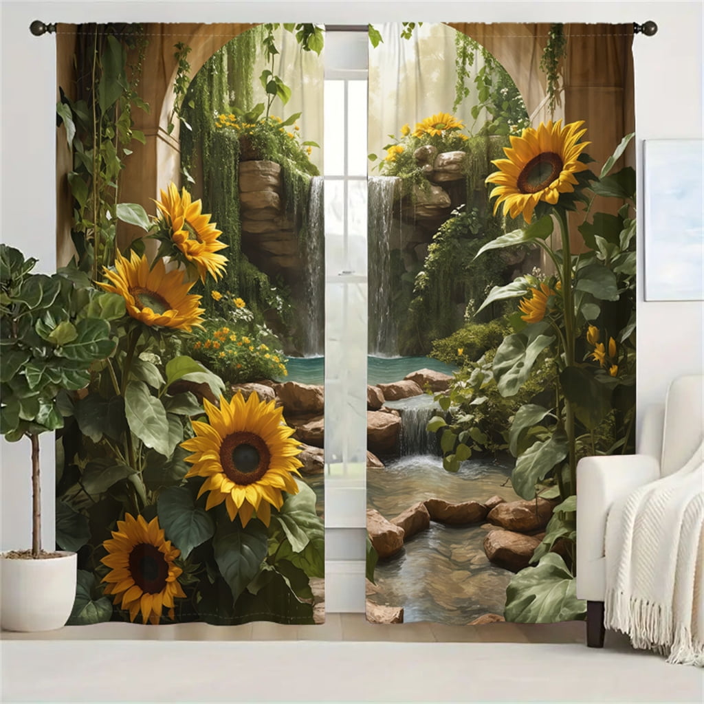 2Pcs Nature Landscape Curtains Semi-Sheer Sun Shade for Bedroom Living ...