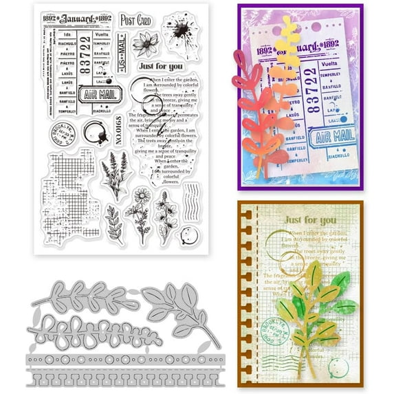 2Pcs Newspaper Background and Plants Clear Stamps and Cutting Dies ...