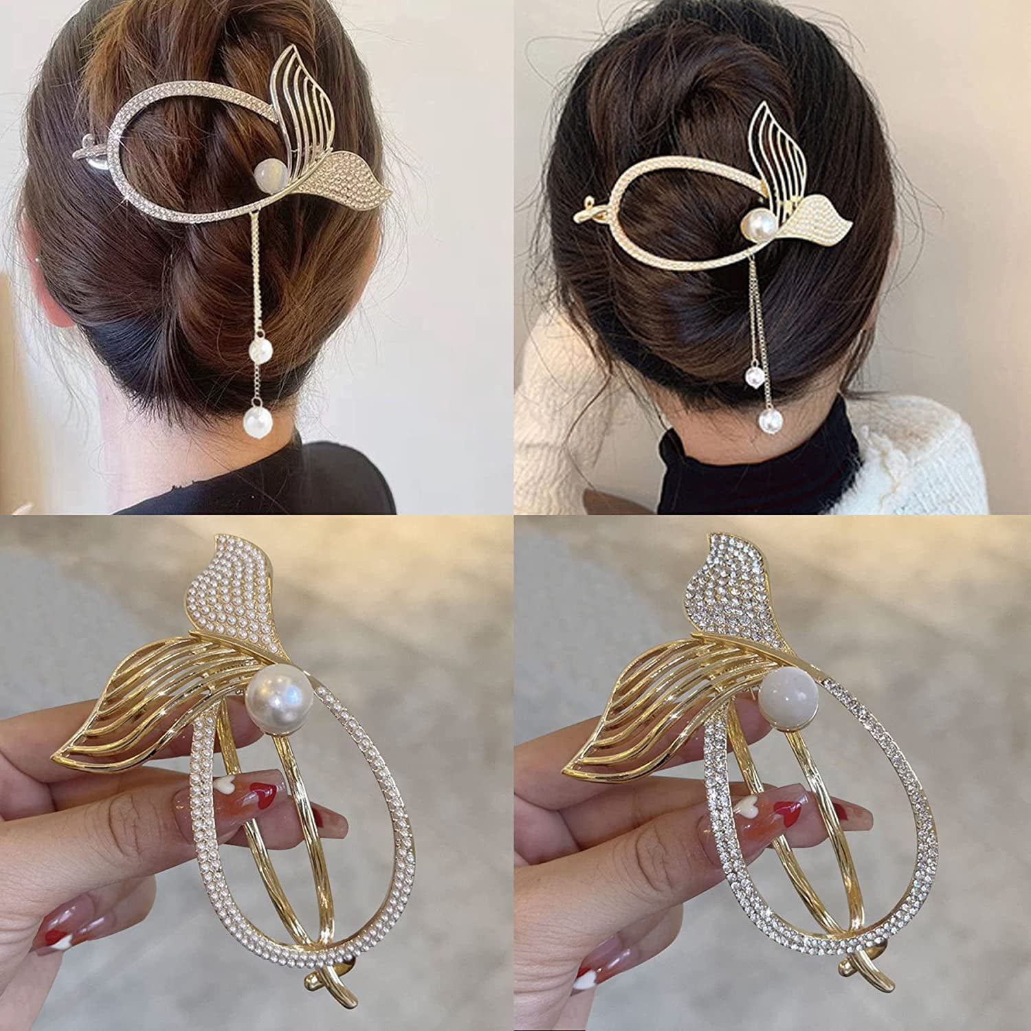 2Pcs Oval Flash Diamond Hair clips Fishtail Pearl Pendant Card Issuance ...