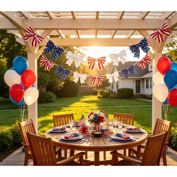 2Pcs Patriotic Red White Blue Bowknot Garland 6.5Ft, Pre-Assembled 4th ...