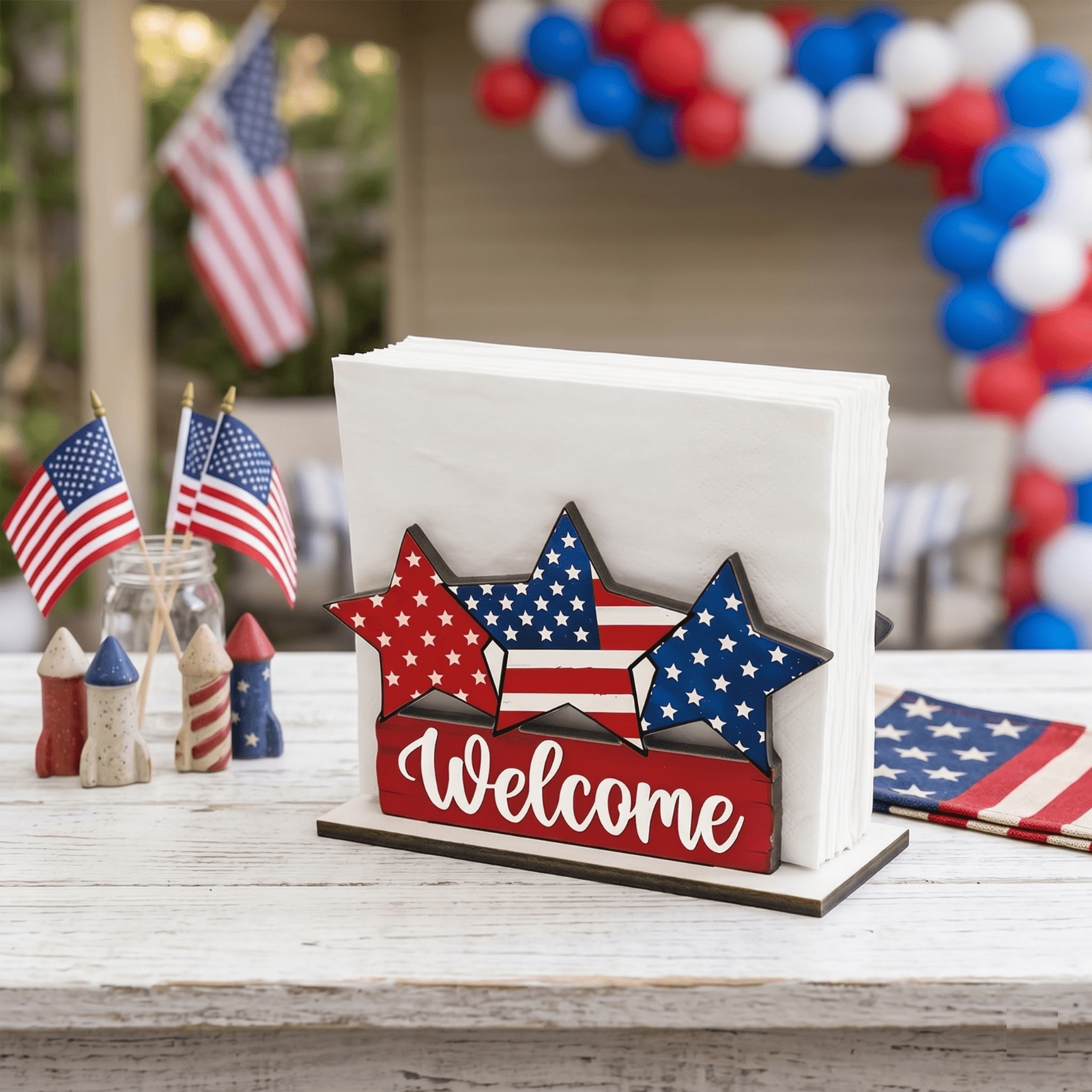 2Pcs Patriotic Wooden Napkin Holder with Welcome Sign, Red White Blue ...