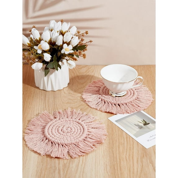 2Pcs PeachPuff Flat Round Pot Mats Hand-Woven Ccotton Thread Cup Mats ...