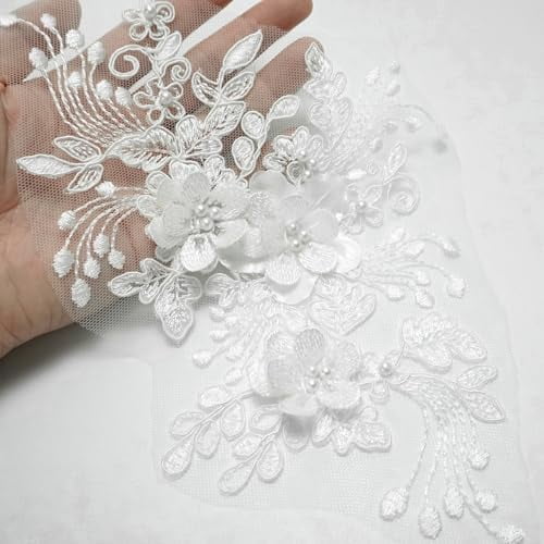 2Pcs Pearl Flower Embroidery Lace Patches 3D White Floral Embroidered ...