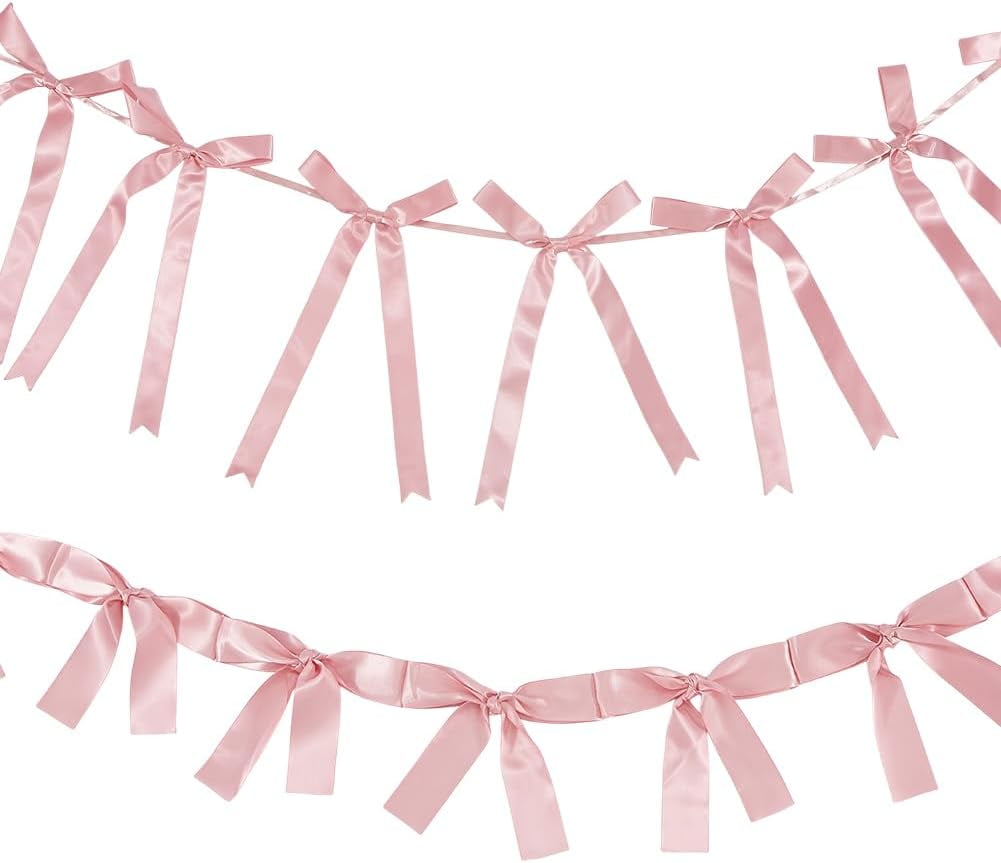 2Pcs Pink Garland Ribbon Banner Pearl Pink Cloth Pre-Strung Tie ...