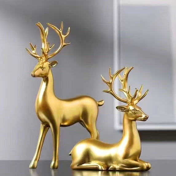 2Pcs Plastic Reindeer Figurines Set,Gold Christmas Deer Pair with ...
