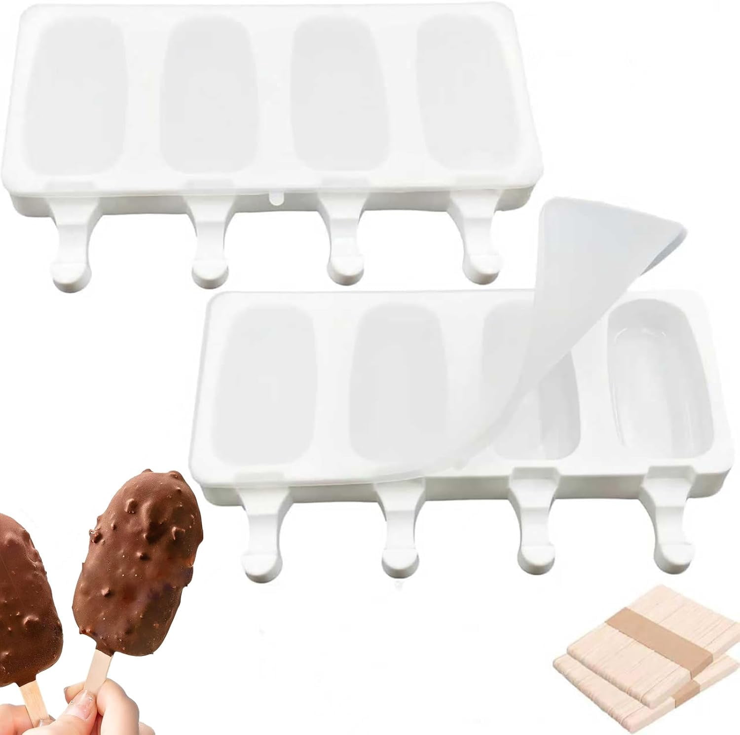 2Pcs Popsicle Molds with Lid Silicone 4 Cavities Ice Cream Reusable and ...