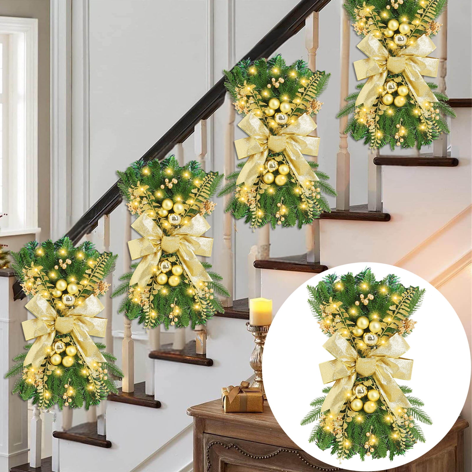 2Pcs Pre-lit Christmas Wreaths for Front Door Artificial Xmas Wreath ...