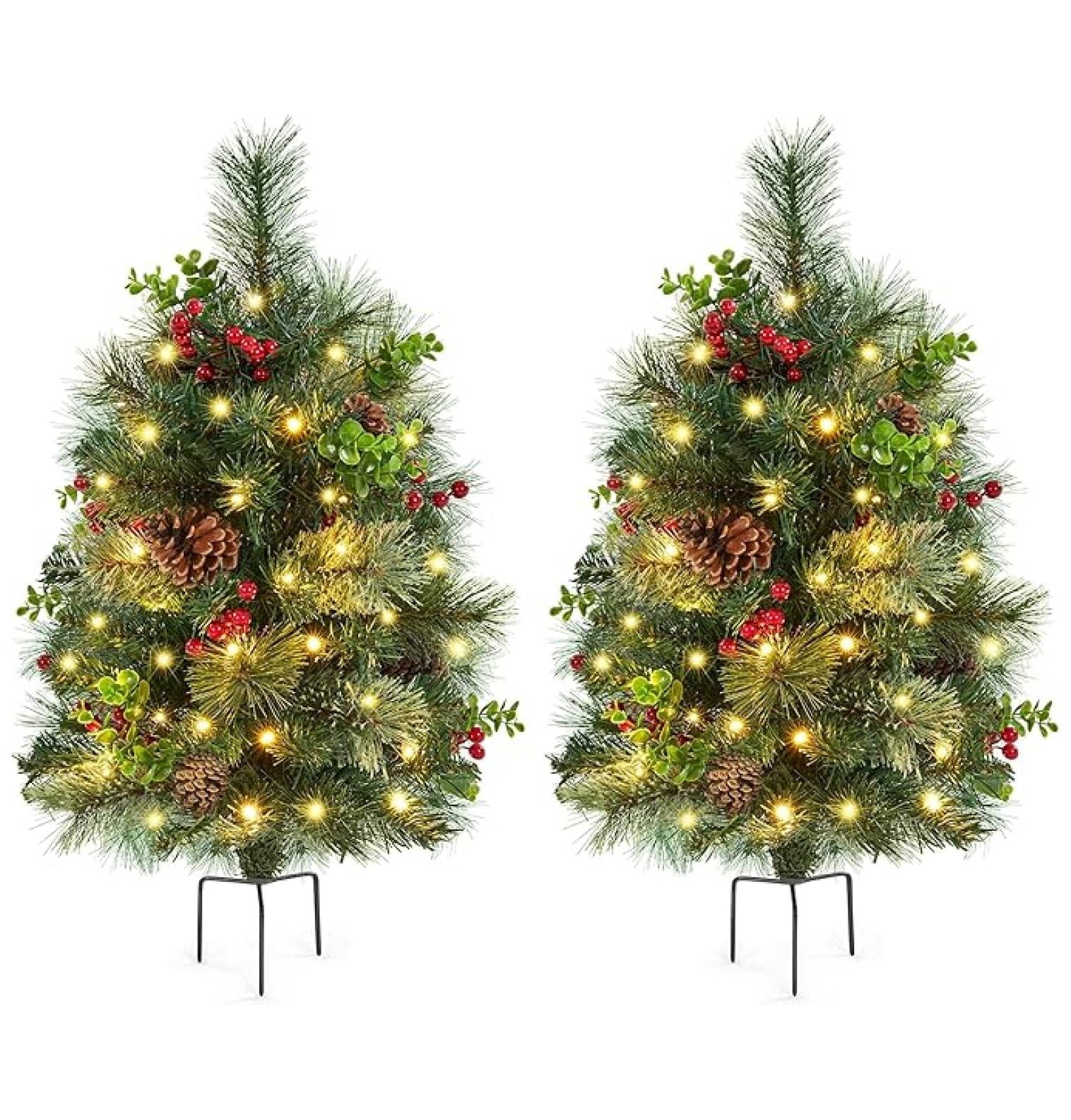 2Pcs Pre-lit Mini Christmas Trees,2FT Artificial Christmas Tree with ...