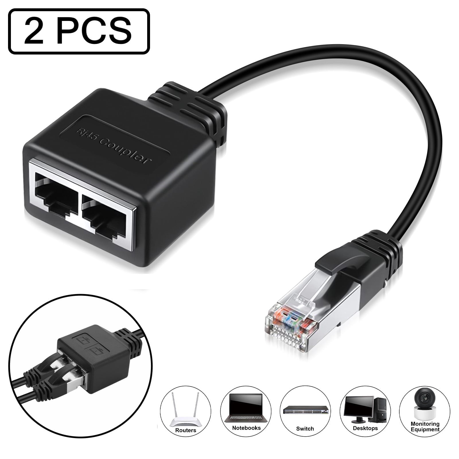2Pcs RJ45 Ethernet Splitter Cable - 1 to 2 LAN Network Splitter Adapter ...