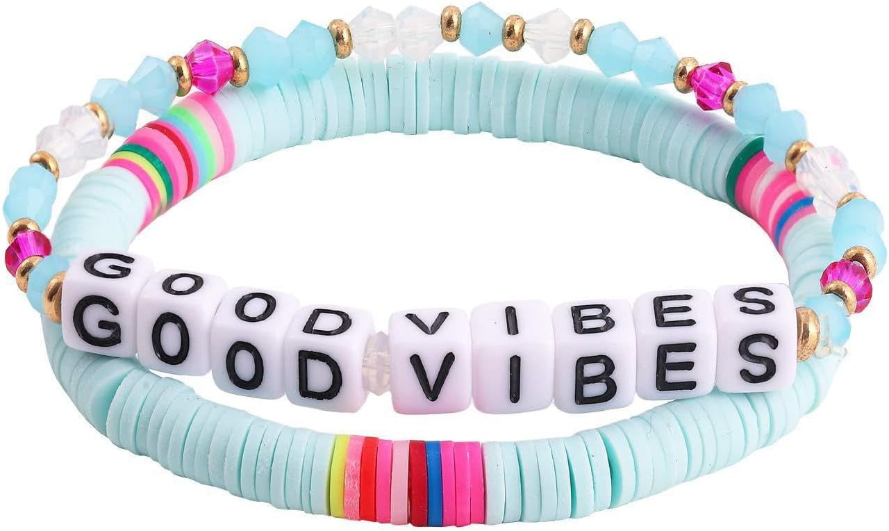 2Pcs Rainbow Surfer Heishi Bracelets for Women Stackable Clay Beaded Bracelets Disc Stretch ...