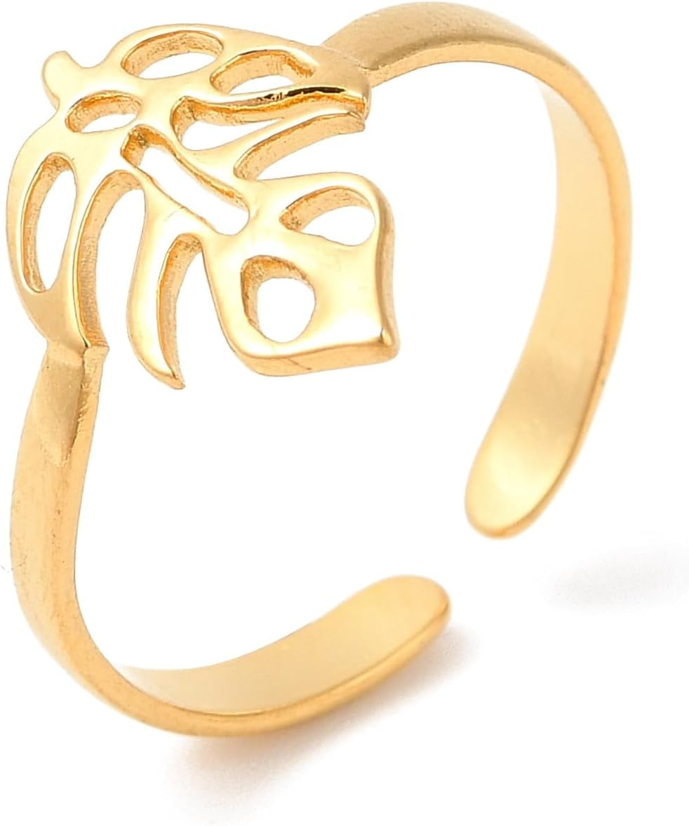 2Pcs Real 18K Gold Plated Monstera Leaf Open Finger Rings Adjustable ...