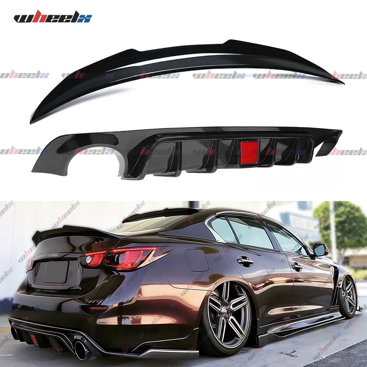 2Pcs Rear Trunk Spoiler & Rear Bumper Diffuser with LED Brake Light ...