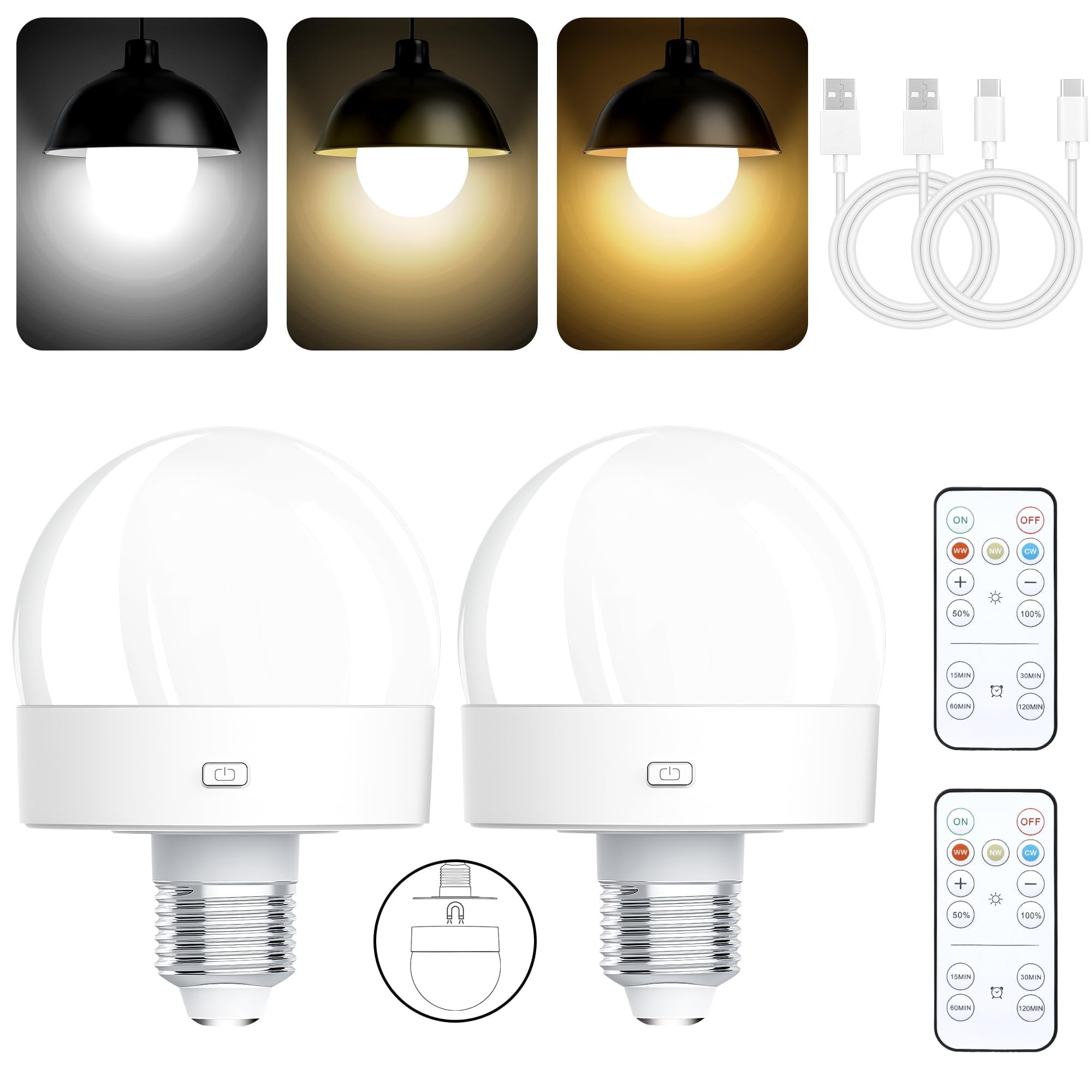 2Pcs Rechargeable Battery Operated Light Bulbs, 300LM E26 Screw in ...