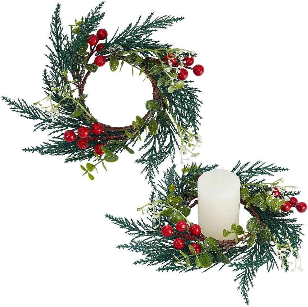 2Pcs Red Berry Rings Artificial Green Pine Leaves Winter Holiday ...