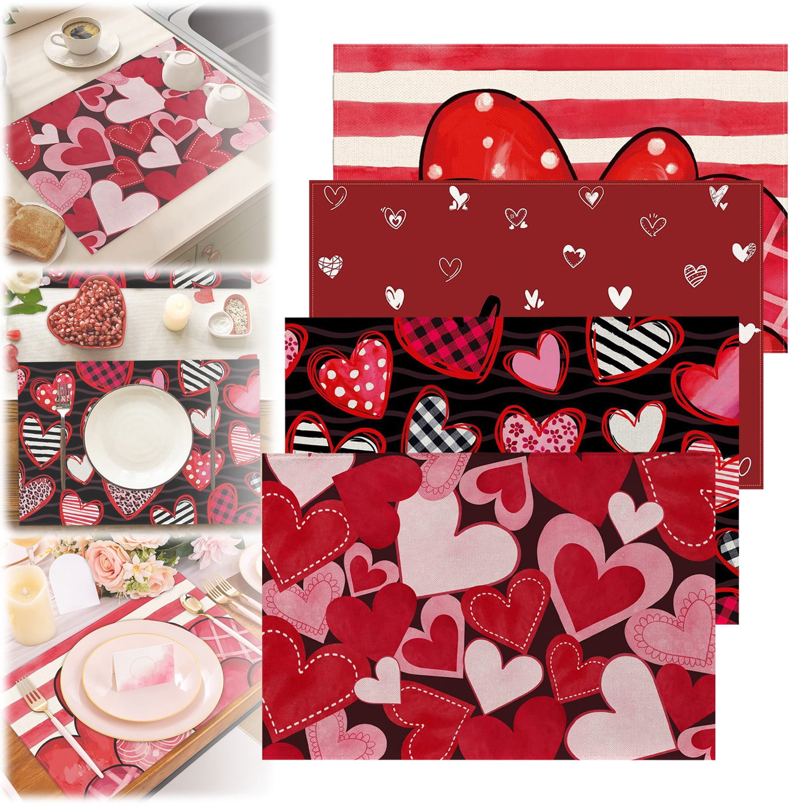 2Pcs Red Pink Love Hearts Placemats, Happy Valentine's Day White ...