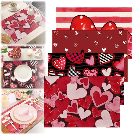 2Pcs Red Pink Love Hearts Placemats, Happy Valentine's Day White ...