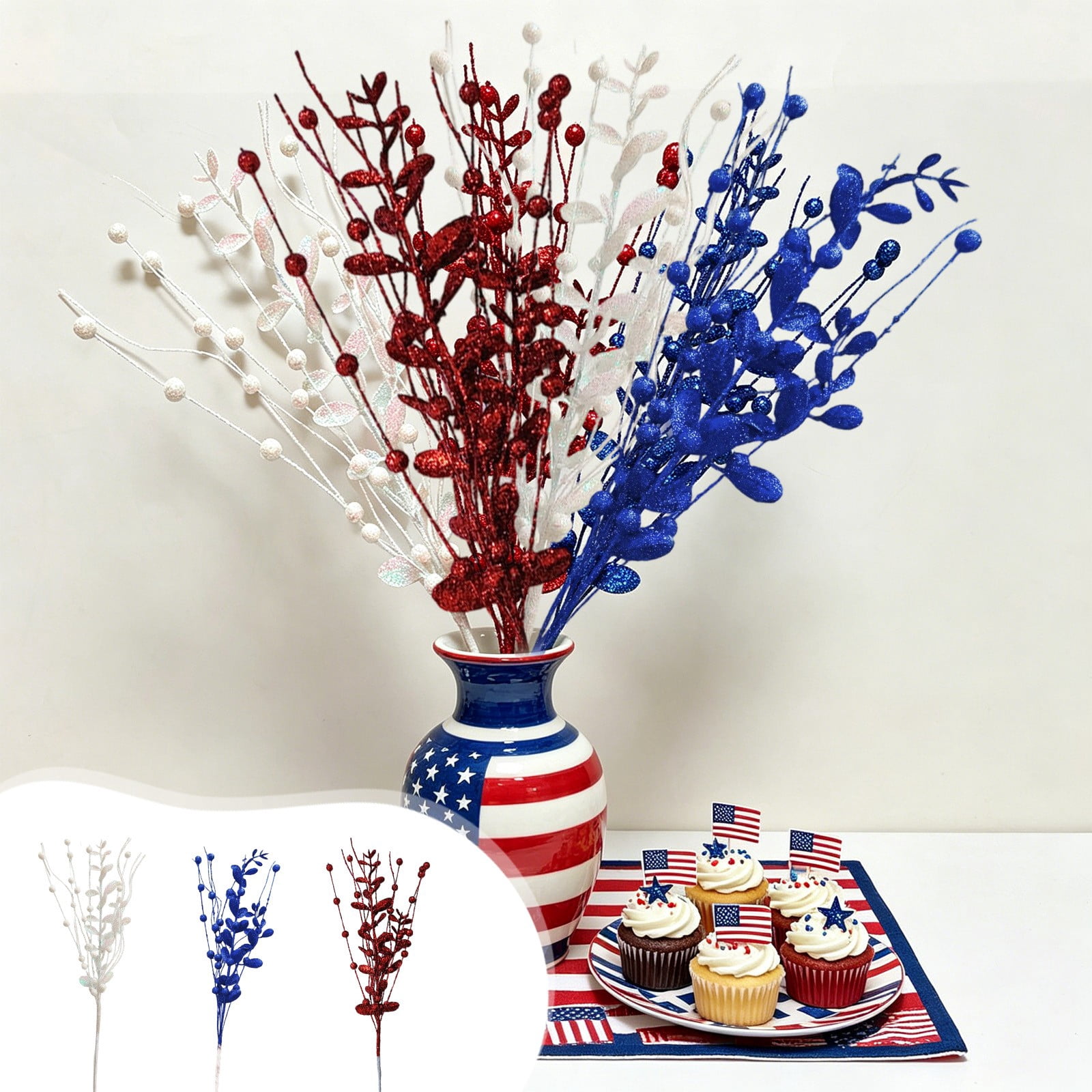 2Pcs Red White Blue Berry Branch Decor, Gold Powder Faux Flower Leaf ...