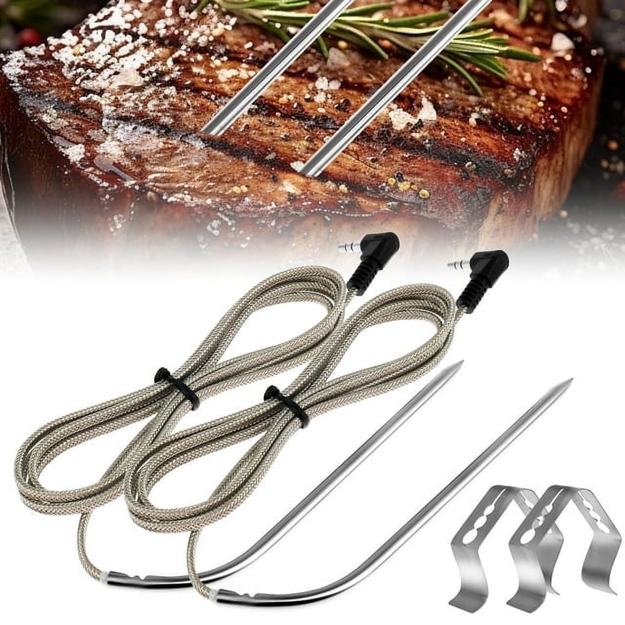 2Pcs Replacement Meat Probe with 2 Probe Clips Stainless Steel Plug ...