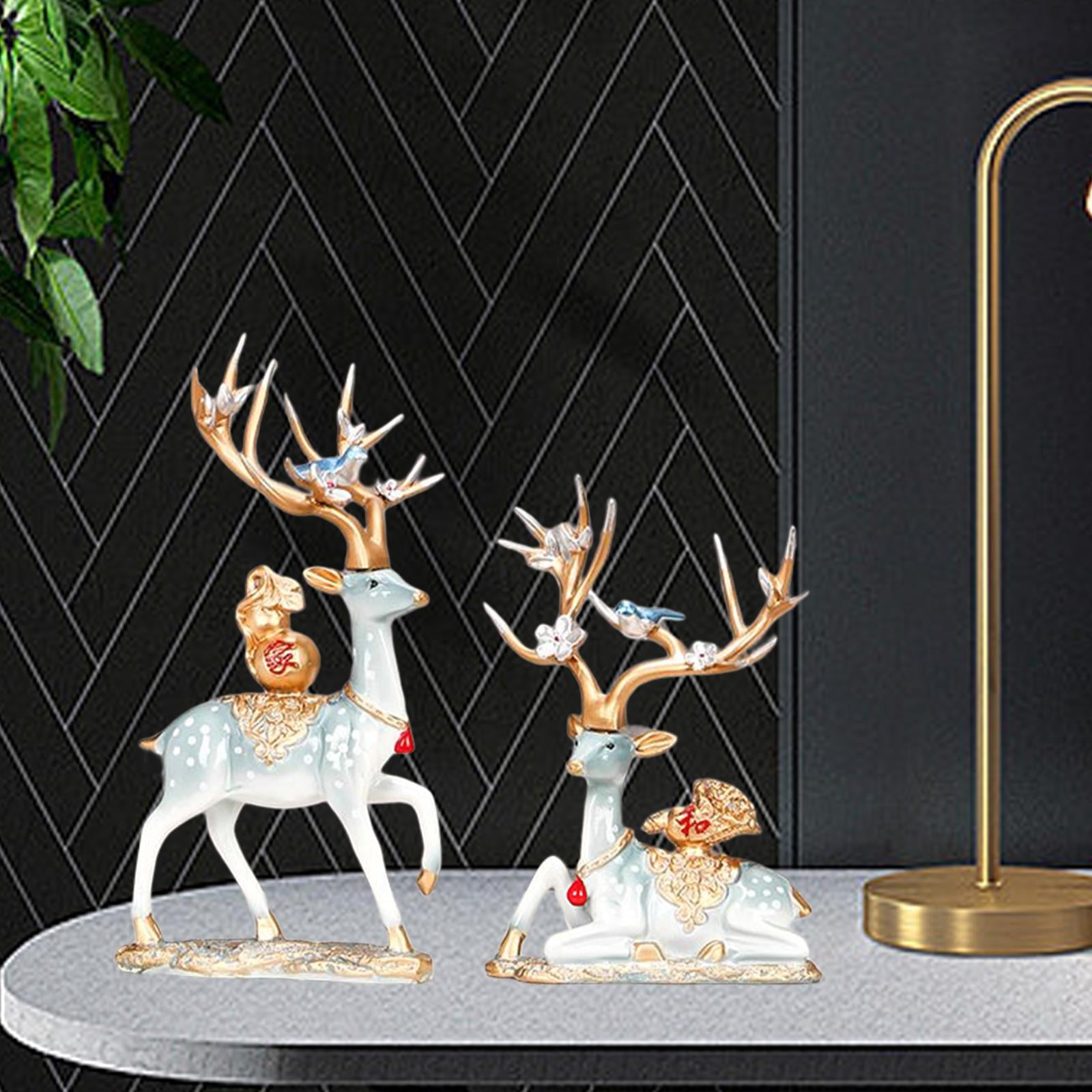 2Pcs Resin Deer Statues Sitting Standing Elk Sculpture Couple Reindeer ...