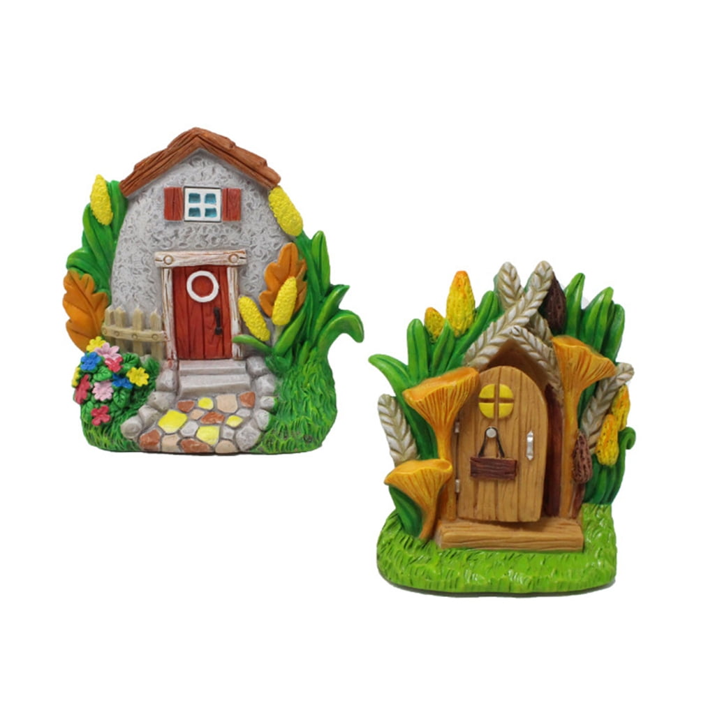 2Pcs Resins House Miniature Statues Garden Landscape Sculptures for ...
