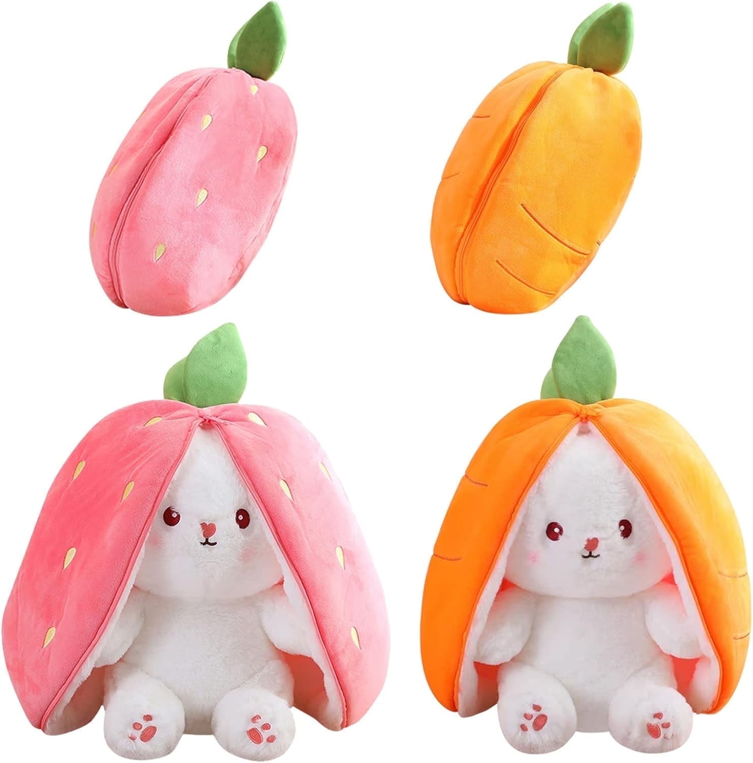 2Pcs Reversible Easter Bunny Plush Toy with Zipper, Carrot&Strawberry ...