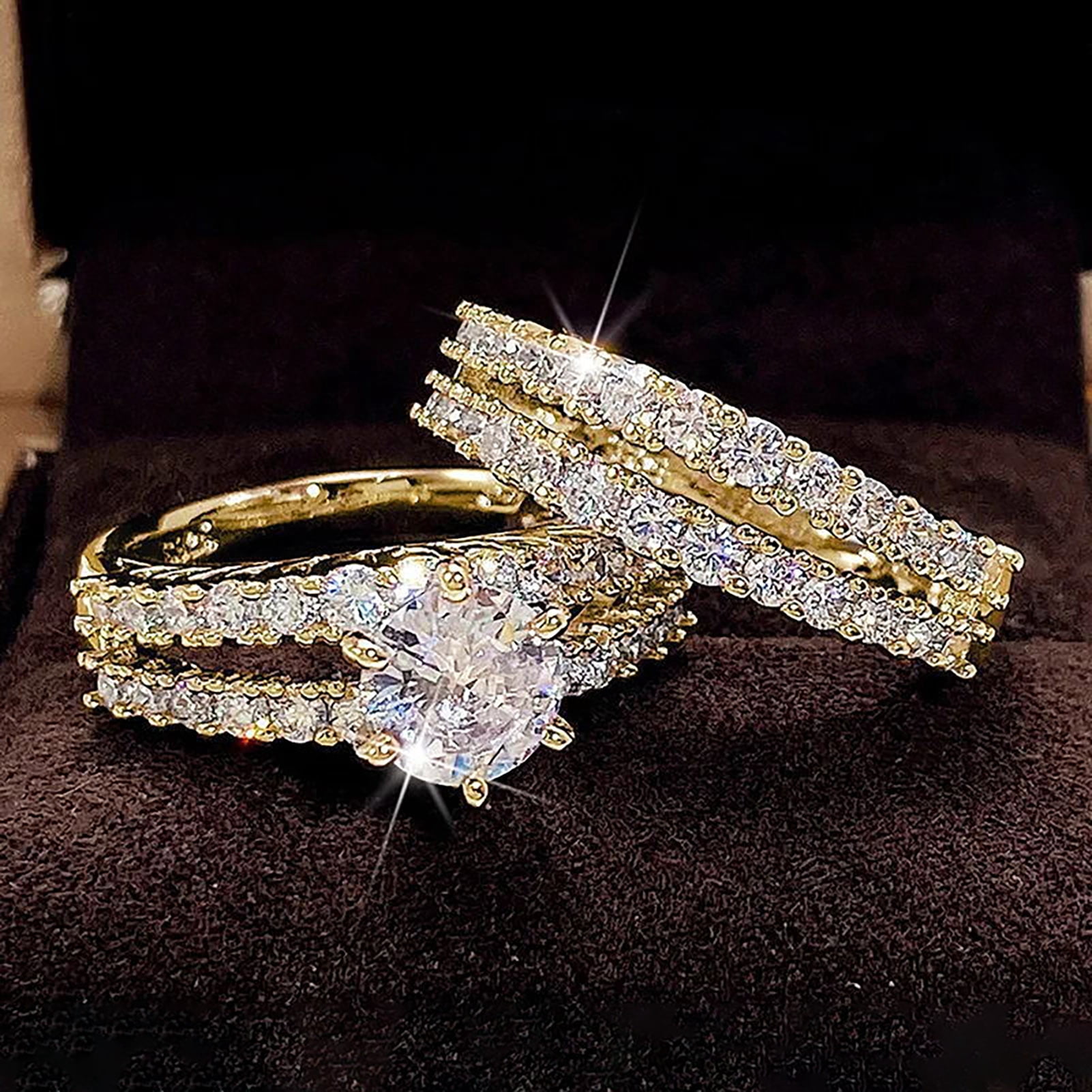 2Pcs Rhinestone Band Rings Women Cubic Zirconia Ring Sparkly Engagement ...