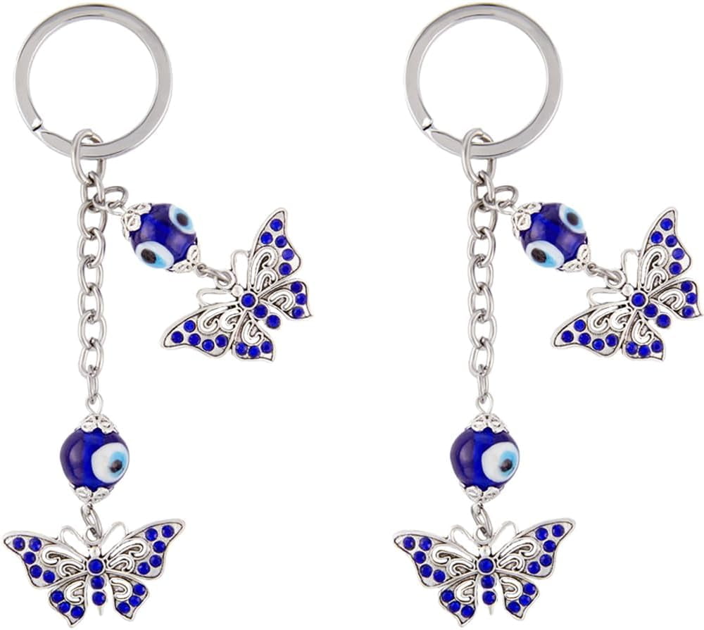 2Pcs Rhinestone Butterfly Keychains Pendants Blue Evil Eey Glass Beads ...