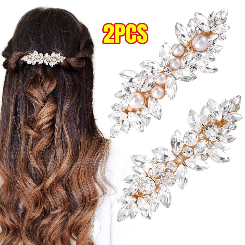 2Pcs Rhinestone Hair Clips Sparkly Crystal Pearl Hair Barrettes Fancy ...